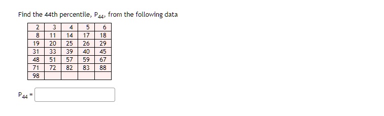 SOLVED: Find the 44th percentile P44' Trom the following data