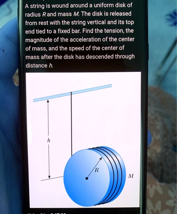 A string is wound around a uniform disk of radius R and mass M. The disk is released from rest ...