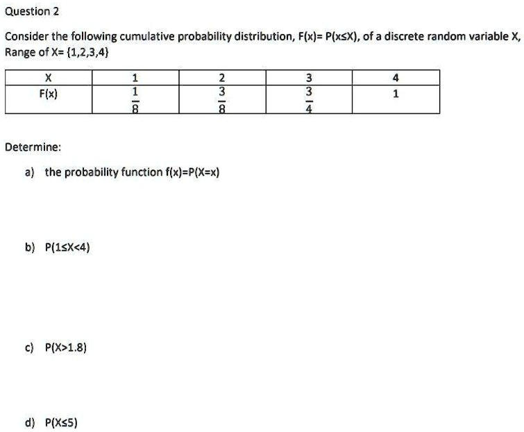 SOLVED: Question 2 Consider the following cumulative probability distribution, F(x) = P(X â‰¤ x ...