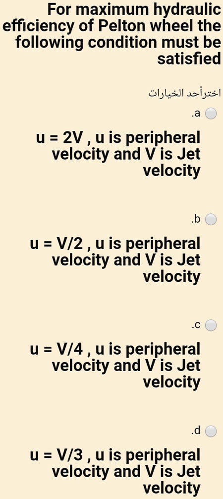 For maximum hydraulic efficiency of Pelton wheel the following ...