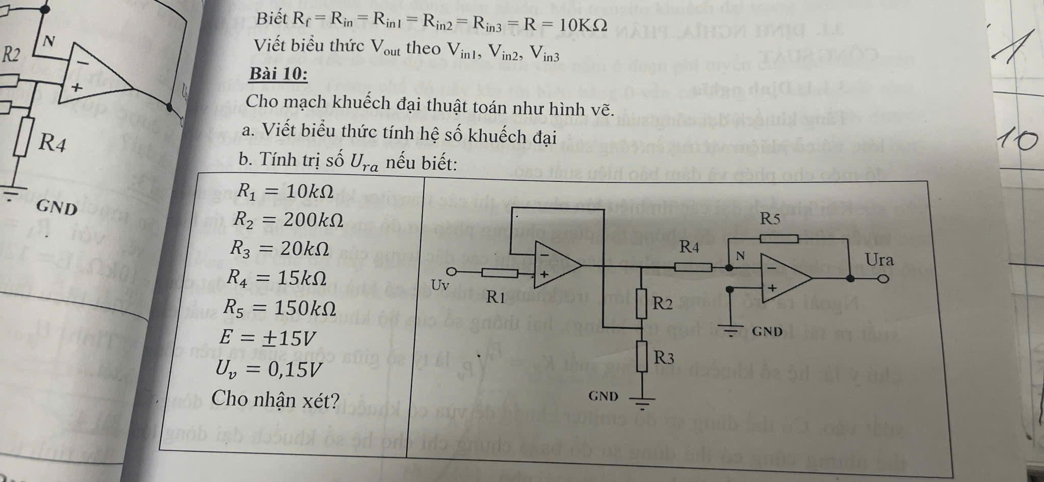 R4 GND Bi?t Rf=Rin =Rin 1=Rin 2=Rin 3=R=10 KΩ Vi?t bi?u th?c Vout theo Vin1 , Vin2 , Vin Bài 10 ...