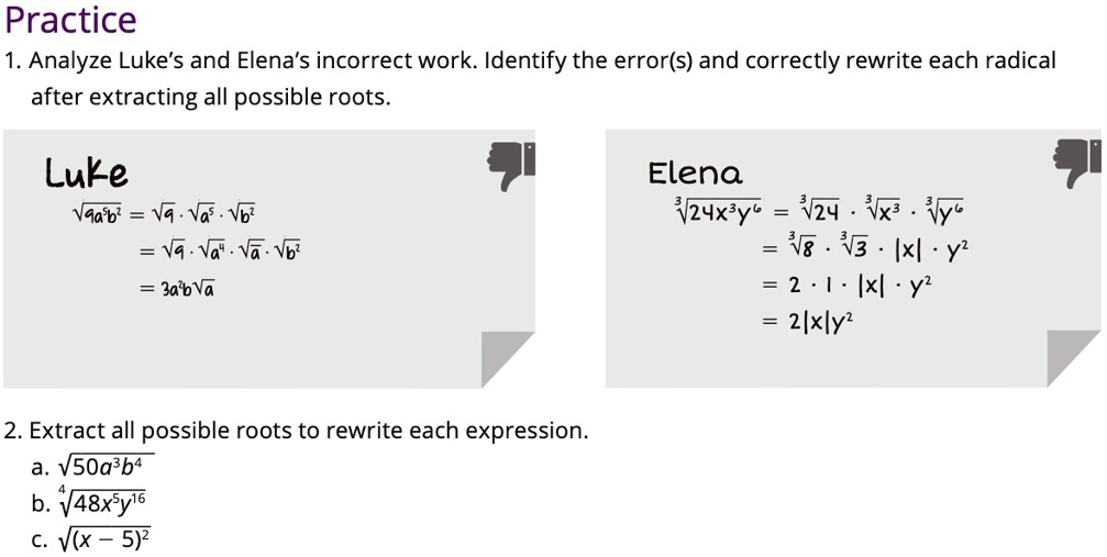 Practice 1. Analyze Luke's and Elena's incorrect work. Identify the ...