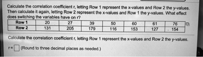 SOLVED:Calculate the correlation coefficient r, letting Row represent the X-values and Row 2 the ...