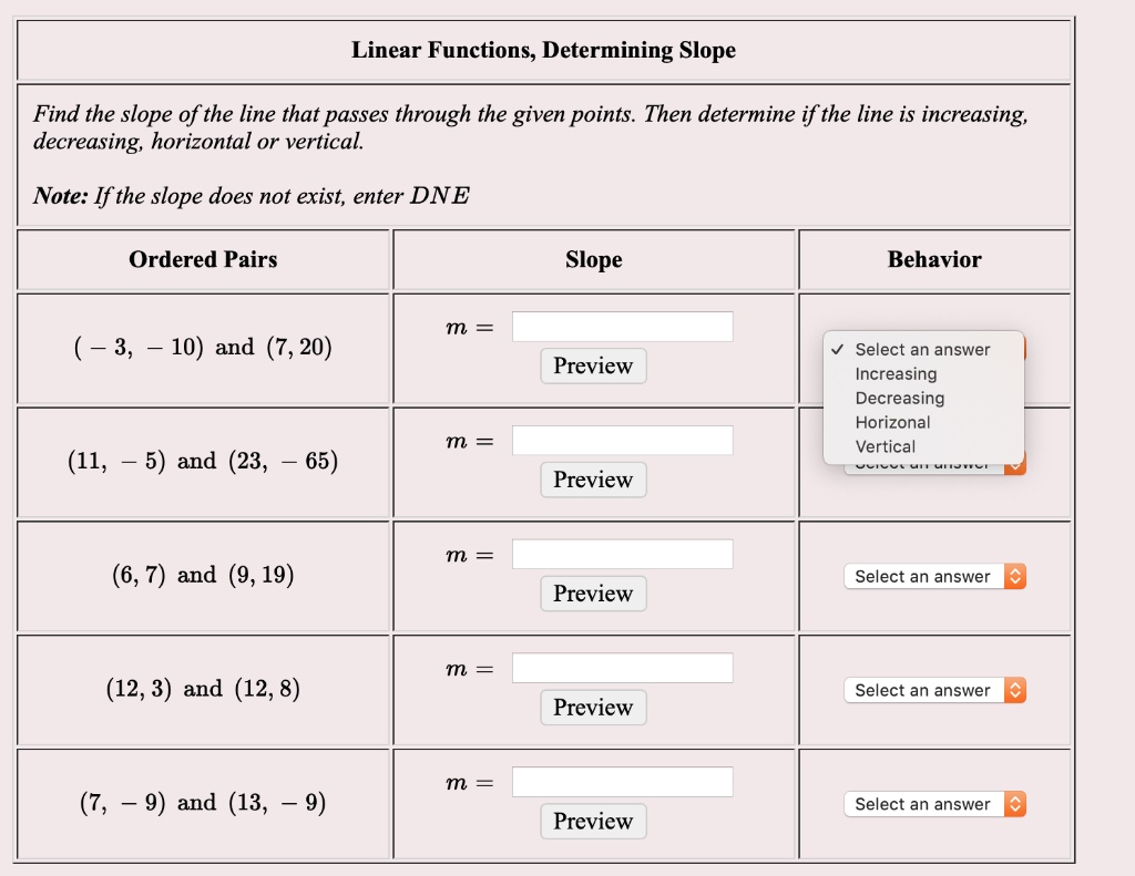 linear functions determining slope find the slope of the line that ...