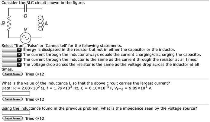 consider the rlc circuit shown in the figure select true false cannot ...