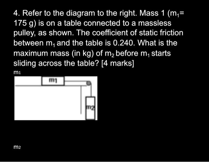 SOLVED: 4. Refer to the diagram to the right. Mass 1 (m1 = 175 g) is on ...