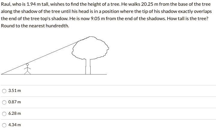Raul, who is 1.94 m tall, wishes to find the height of a tree. He walks ...