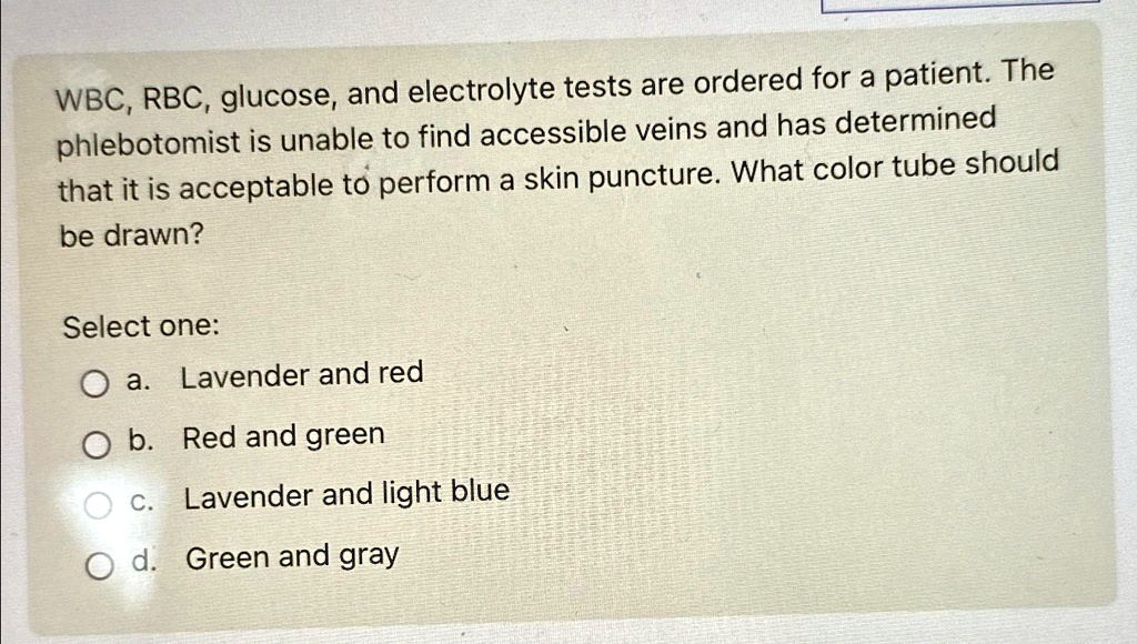 wbc rbc glucose and electrolyte tests are ordered for a patient the ...