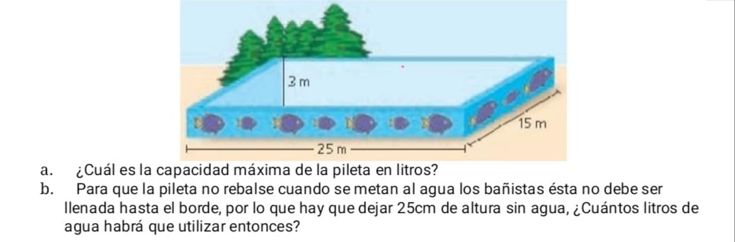 a. ¿Cuál es la capacidad máxima de la pileta en litros? b. Para que la ...