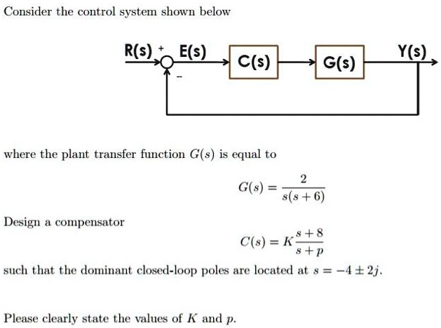 SOLVED: Consider the control system shown below: R(s) + E(s) -> C(s) -> G(s) -> Y(s) where the ...