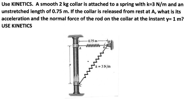 Use KINETICS. A smooth 2 kg collar is attached to a spring with k=3 N/m ...