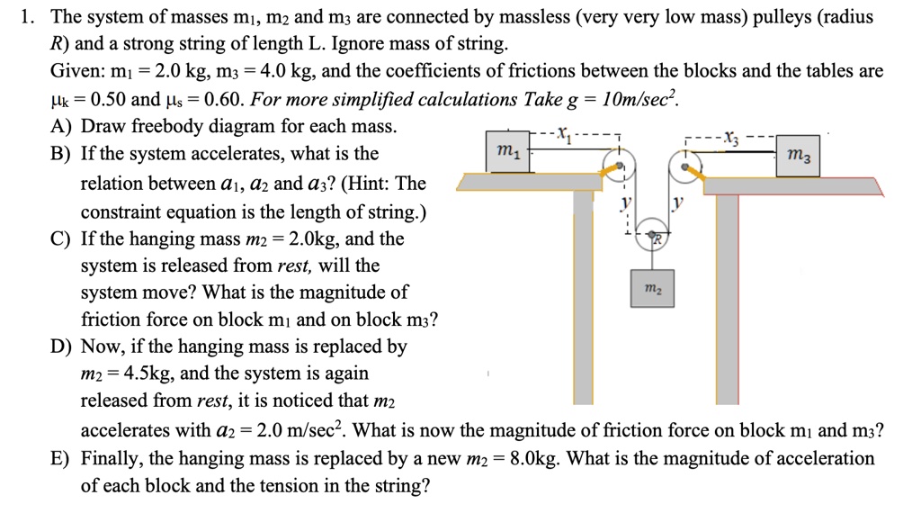 SOLVED: The system of masses m1, m2, and m3 are connected by massless (very low mass) pulleys ...