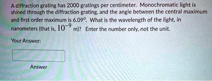 SOLVED: A diffraction grating has 2000 gratings per centimeter ... SOLVED: A diffraction grating has 2000 gratings per centimeter ...