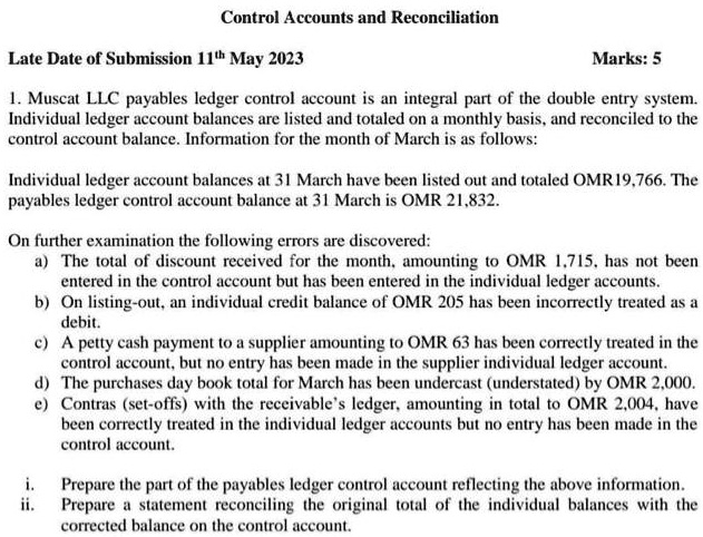 texts control accounts and reconciliation late date of submission 11th may 2023 marks 5 1 muscat ...