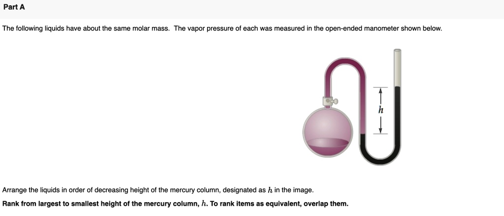 SOLVED: Part A The following liquids have about the same molar mass: The vapor pressure of each ...