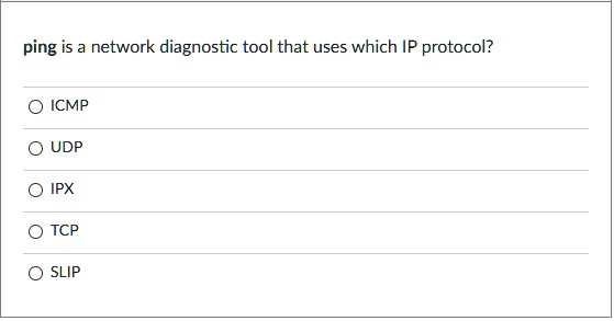ping is a network diagnostic tool that uses which IP protocol? O ICMP O ...