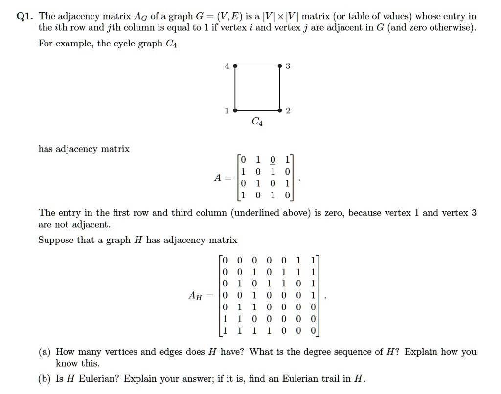 SOLVED: The adjacency matrix AG of a graph G = (V,E) is a |V| x |V ...