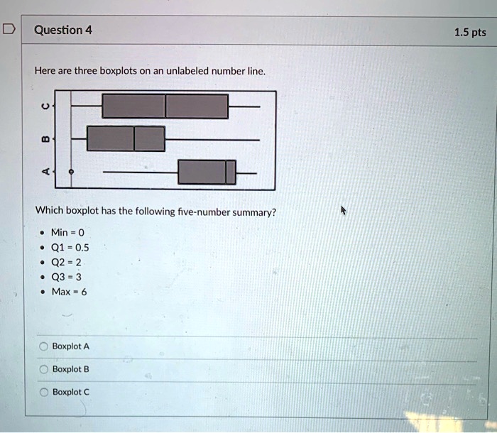 SOLVED: Question 4 1.5 pts Here are three boxplots on an unlabeled ... SOLVED: Question 4 1.5 pts Here are three boxplots on an unlabeled ...