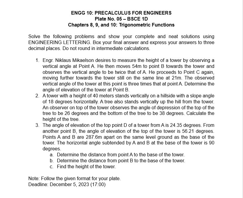 ENGG 10: PRECALCULUS FOR ENGINEERS Plate No. 05 - BSCE 1D Chapters 8, 9 ...