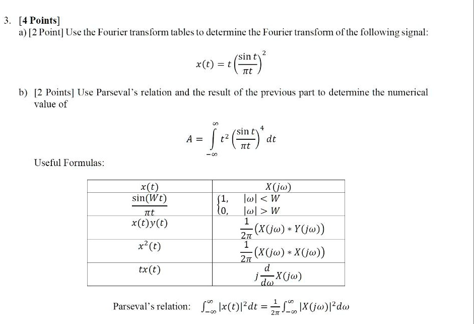 3. [4 Points] a) [2 Point] Use the Fourier transform tables to ...