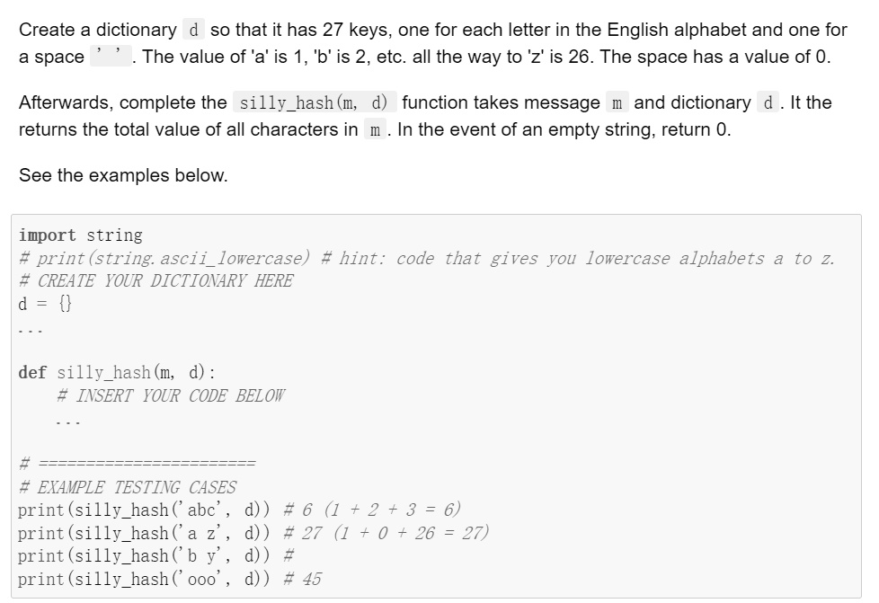 Solved Python Create A Dictionary D So That It Has 27 Keys One For Each Letter In The English
