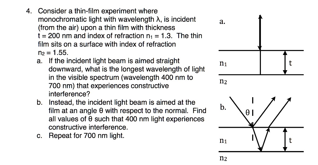 SOLVED: Consider a thin-film experiment where monochromatic light with wavelength A, is incident ...