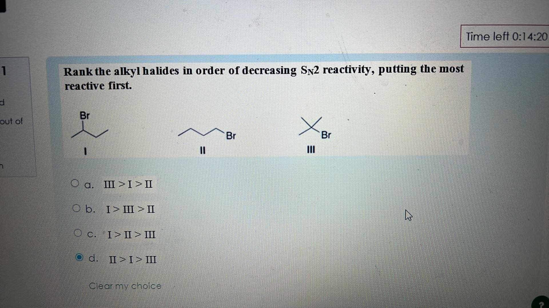 Time left 0:14:20 Rank the alkyl halides in order of decreasing SN 2 ...