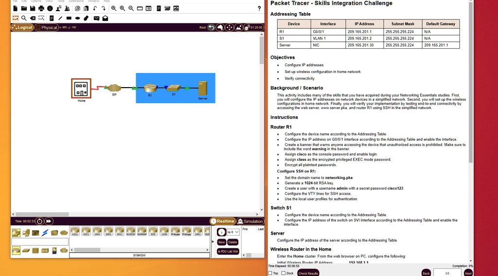 packet tracer skills integration challenge addressing table device interface ip address subnet ...