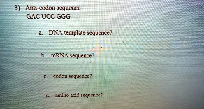 3 anti codon sequence gac ucc ggg dna template sequence mrna sequence ...