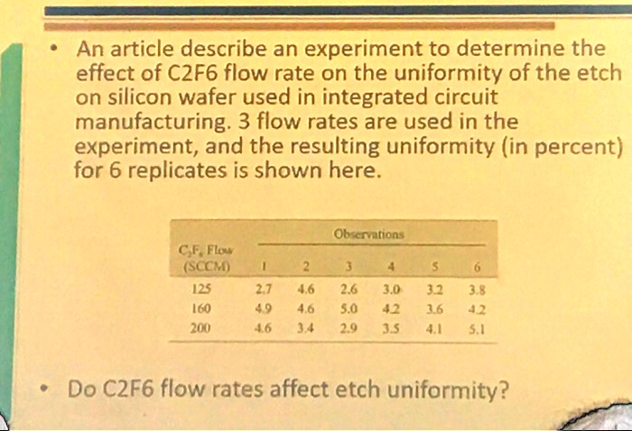 An article describe an experiment to determine the effect of C2F6 flow rate on the uniformity of ...
