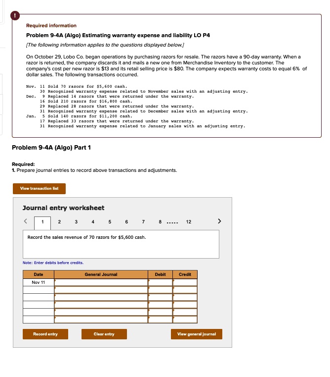 SOLVED: Required information Problem 9-4A(Algo) Estimating warranty ...