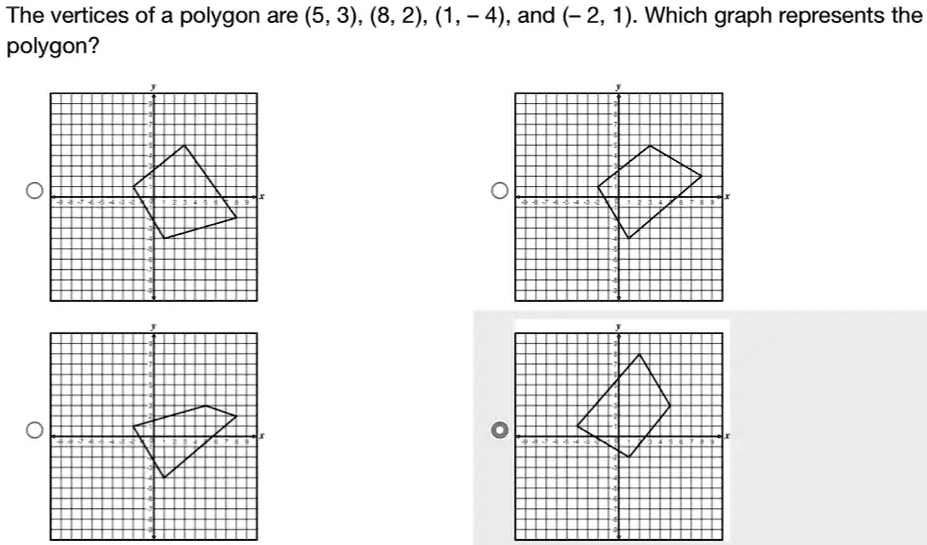 SOLVED: The vertices of a polygon are (5,3), (8,2), (1, 4) , and ( 2, 1 ...