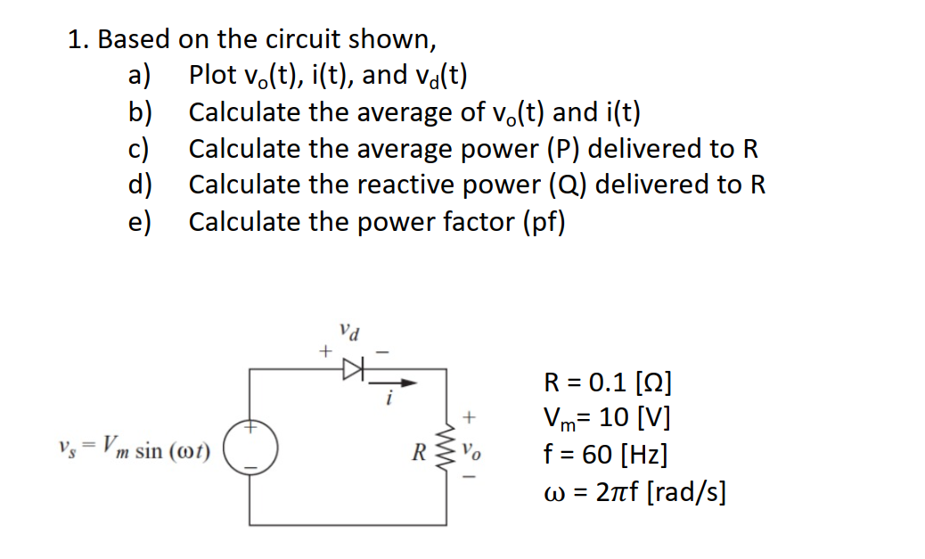 1. Based on the circuit shown, a) Plot vo(t), i(t), and vd(t) b) Calculate the average of vo(t ...