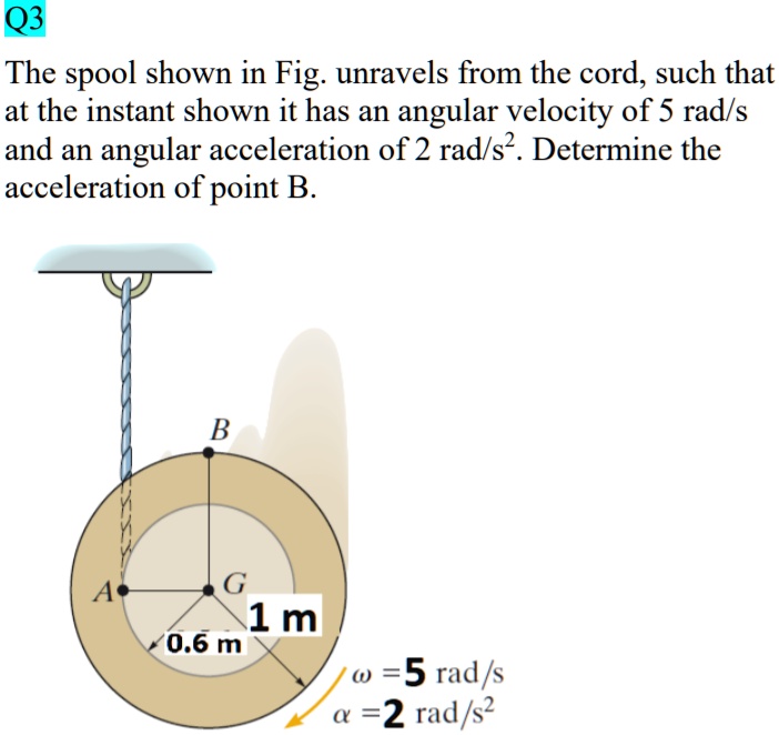 SOLVED: Solution by hand please. Q3 The spool shown in Fig. unravels from the cord, such that at ...