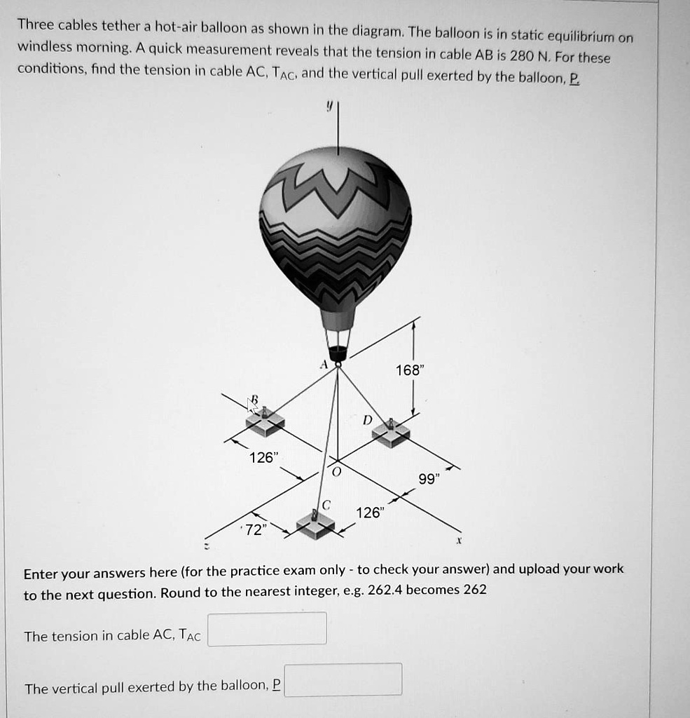 SOLVED: Three cables tether a hot-air balloon as shown in the diagram ...