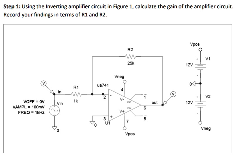 Step 1: Using the Inverting amplifier circuit in Figure 1, calculate the gain of the amplifier ...