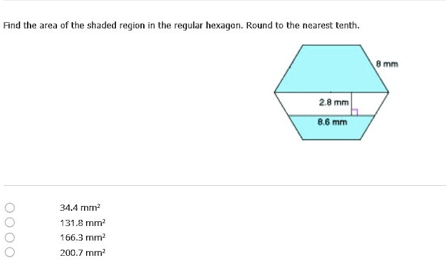 Find the area of the shaded region in the regular hexagon. Round to the ...
