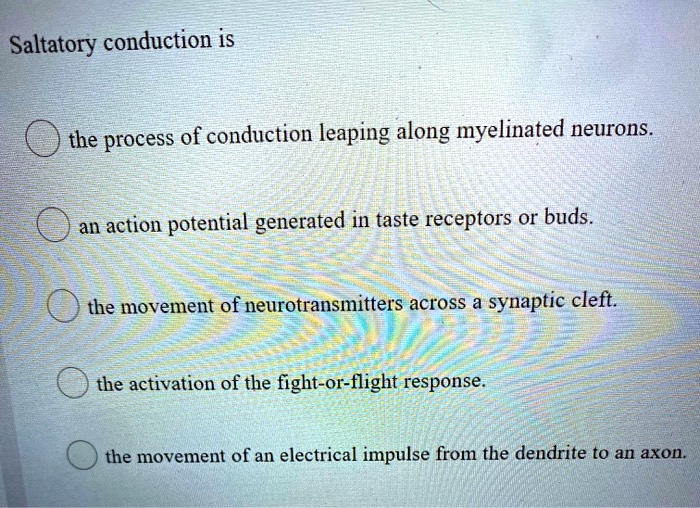 SOLVED: Saltatory conduction is the process of conduction leaping along ...