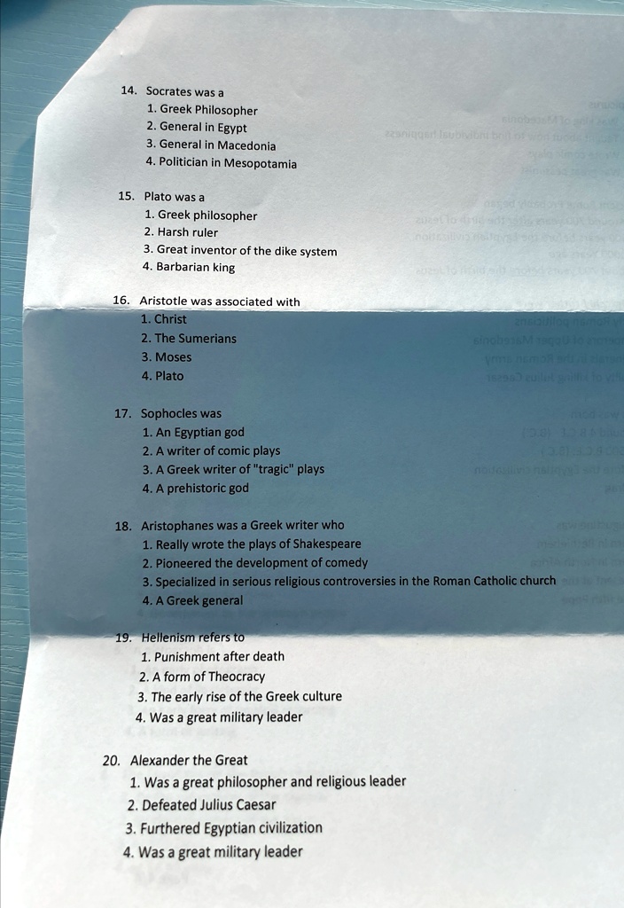 14. Socrates was a 1. Greek Philosopher 2. General in Egypt 3. General ...