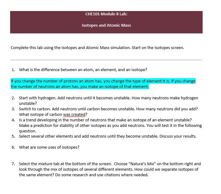 SOLVED: CHE101 Module 8 Lab Isotopes and Atomic Mass Complete this lab ...