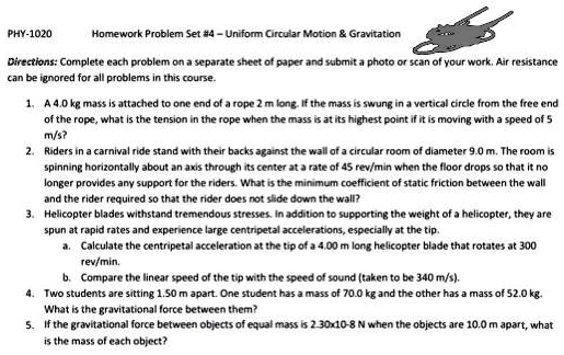 PHY-1020 Homework Problem Set #4-Uniform Circular Motion Gravitation ...