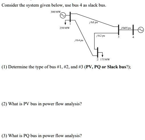 SOLVED: Consider the system given below: use bus 4 as slack bus 300 MW 1 pu 250 MW 0.2 pu 0.4 pu ...