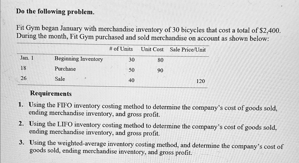 SOLVED: Do the following problem. Fit Gym began January with merchandise inventory of 30 ...