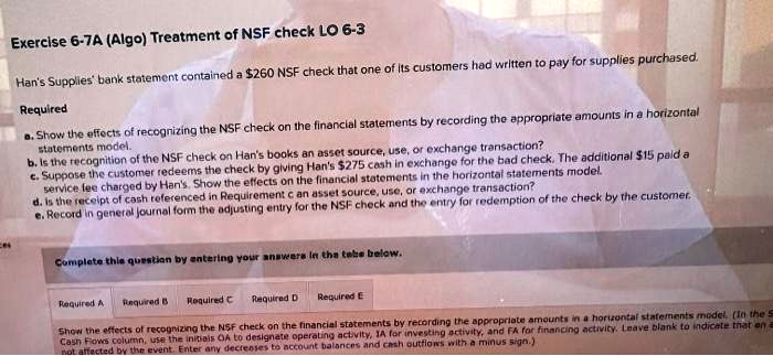 Exercise 6-7A (Algo) Treatment of NSF check LO 6-3 Han's Supplies' bank ...