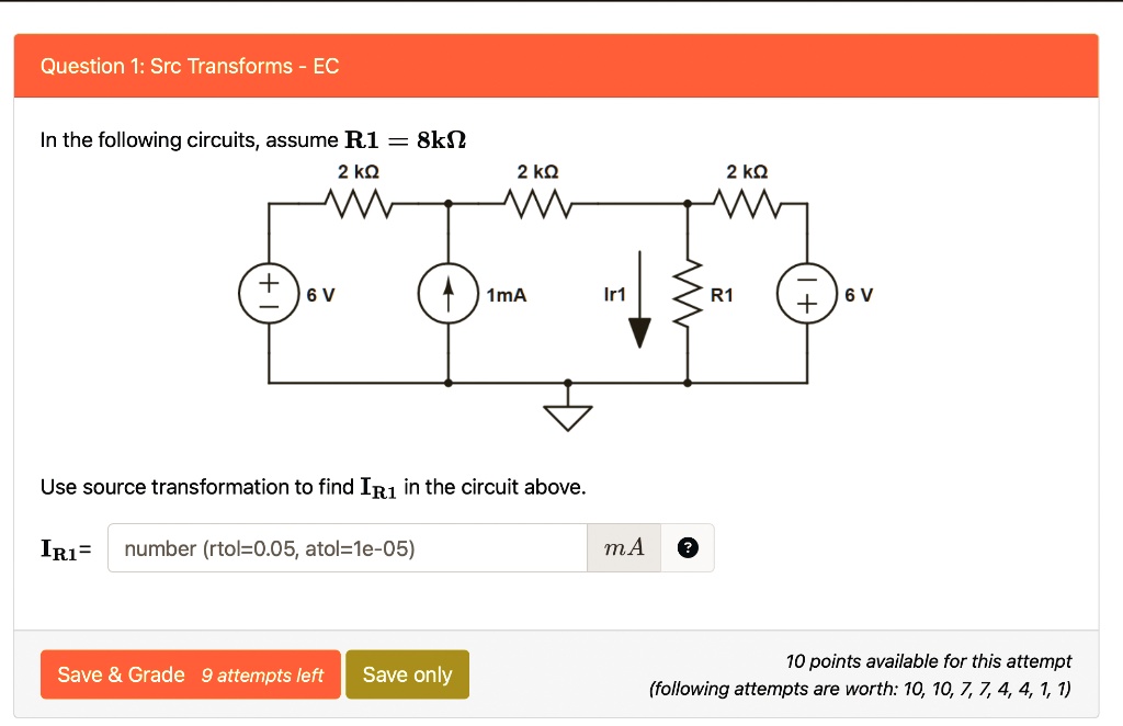 SOLVED: In the following circuit, assume R1 = 8kÎ©. Use source transformation to find IR1 in the ...