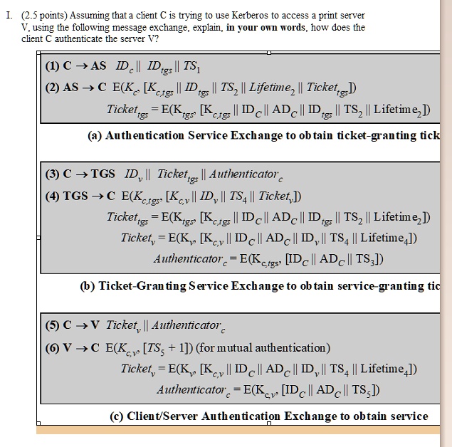 SOLVED: I. (2.5 points) Assuming that a client C is trying to use Kerberos to access a print ...
