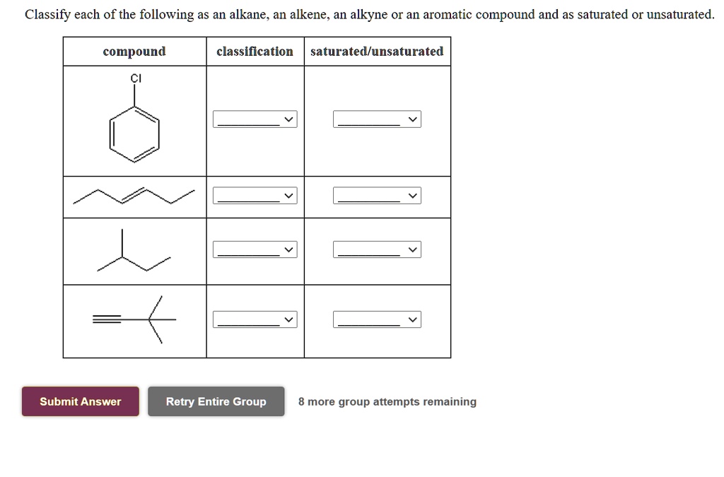 SOLVED: Classify each of the following as an alkane, an alkene, an alkyne Or an aromatic ...