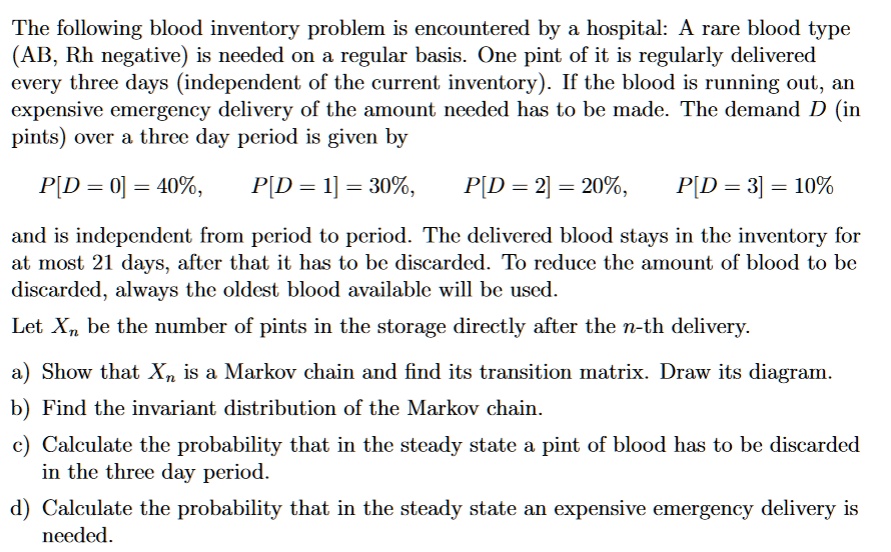 The following blood inventory problem is encountered by a hospital: A ...