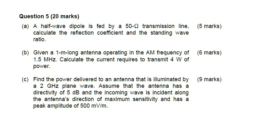 SOLVED: Question 5 (20 marks) (a) A half-wave dipole is fed by a 50- transmission line, (5 marks ...