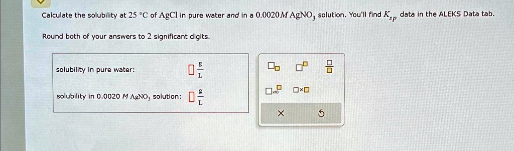 SOLVED: Calculate the solubility at 25°C of AgCl in pure water and in a 0.0020M AgNO3 solution ...